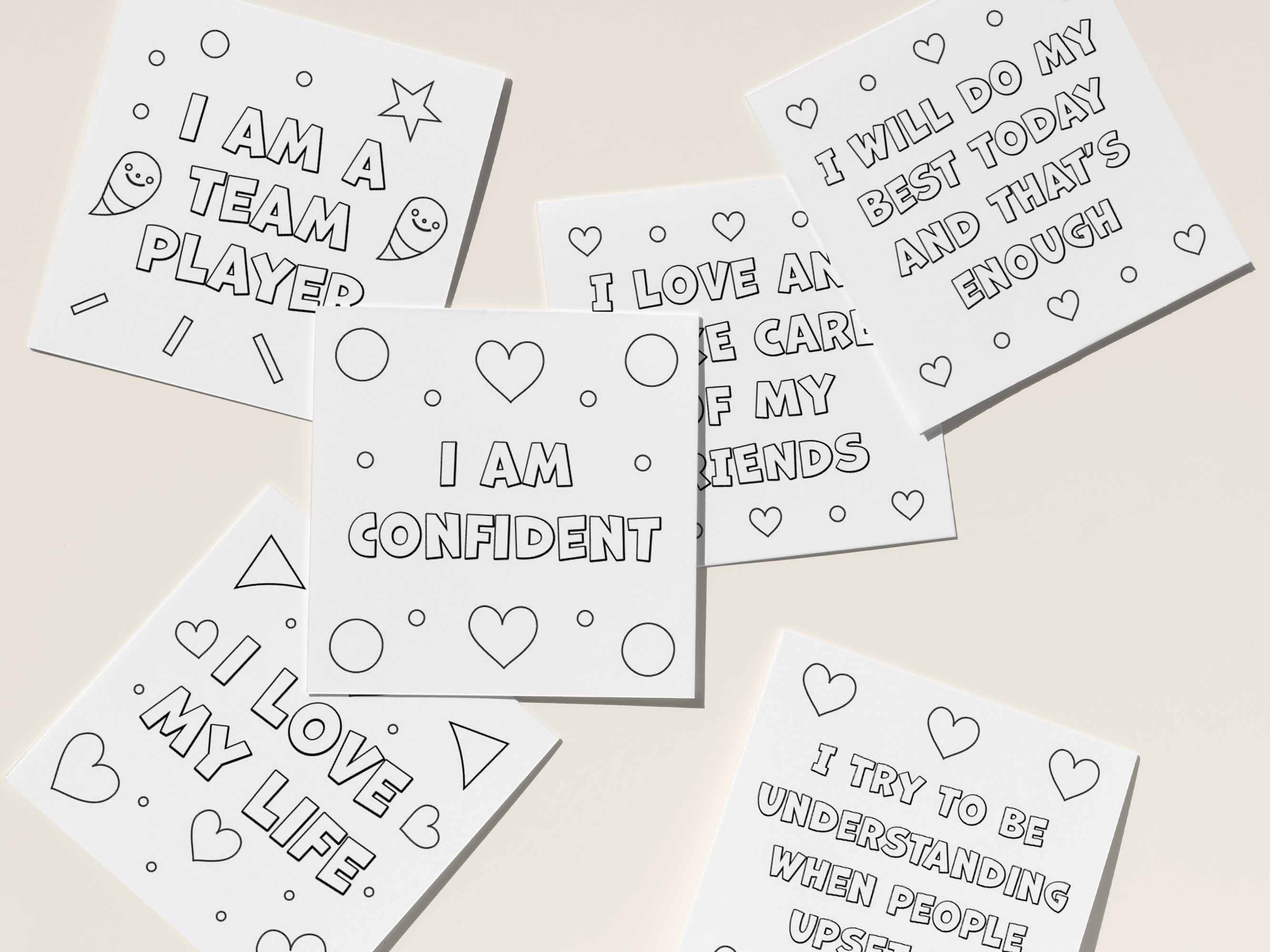100 coloring affirmation cards for kids. 17 printable pages.