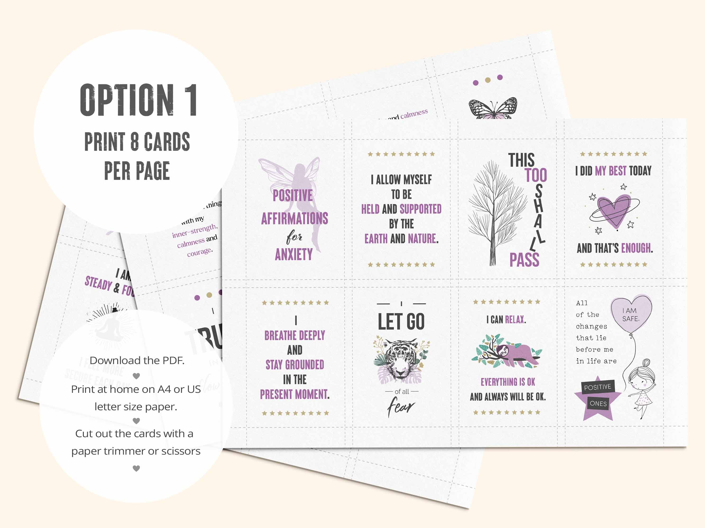 Printable positive affirmation cards for anxiety and stress.
