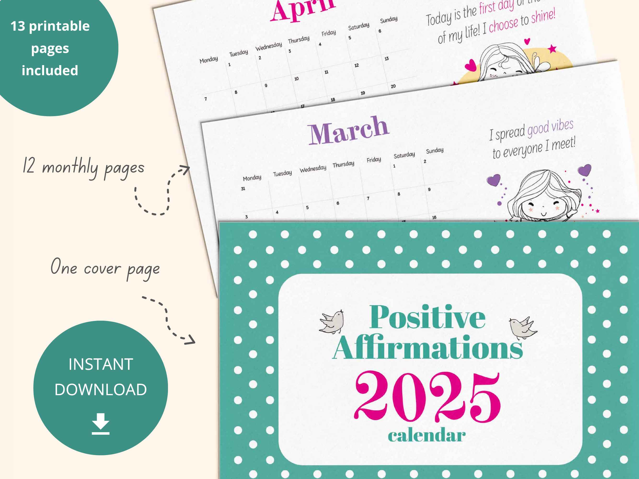 2025 positive affirmation calendar. Printable PDF.