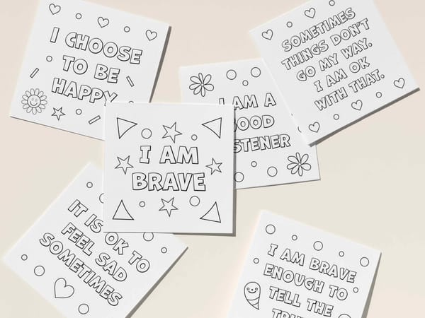 100 coloring affirmation cards for kids. 17 printable pages.