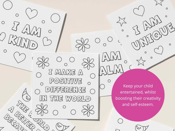 100 coloring affirmation cards for kids. 17 printable pages.