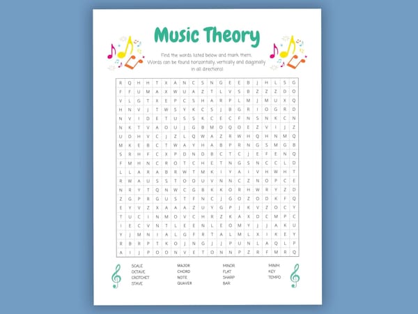 Basic music theory word search for kids.