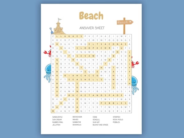 Printable summer beach word search for kids
