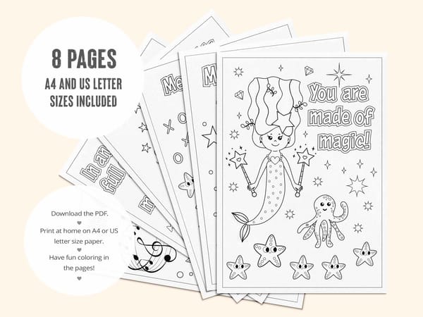 Printable mermaid coloring pages for kids.