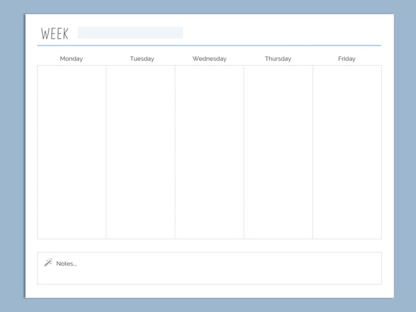 FREE printable Monday to Friday 5 day planner.